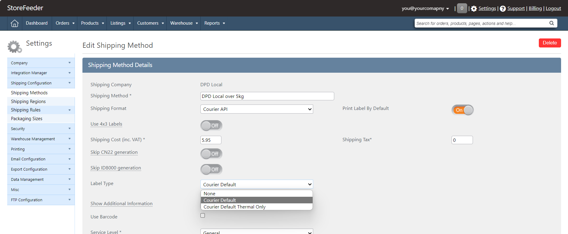 Setting Courier Label Type – StoreFeeder